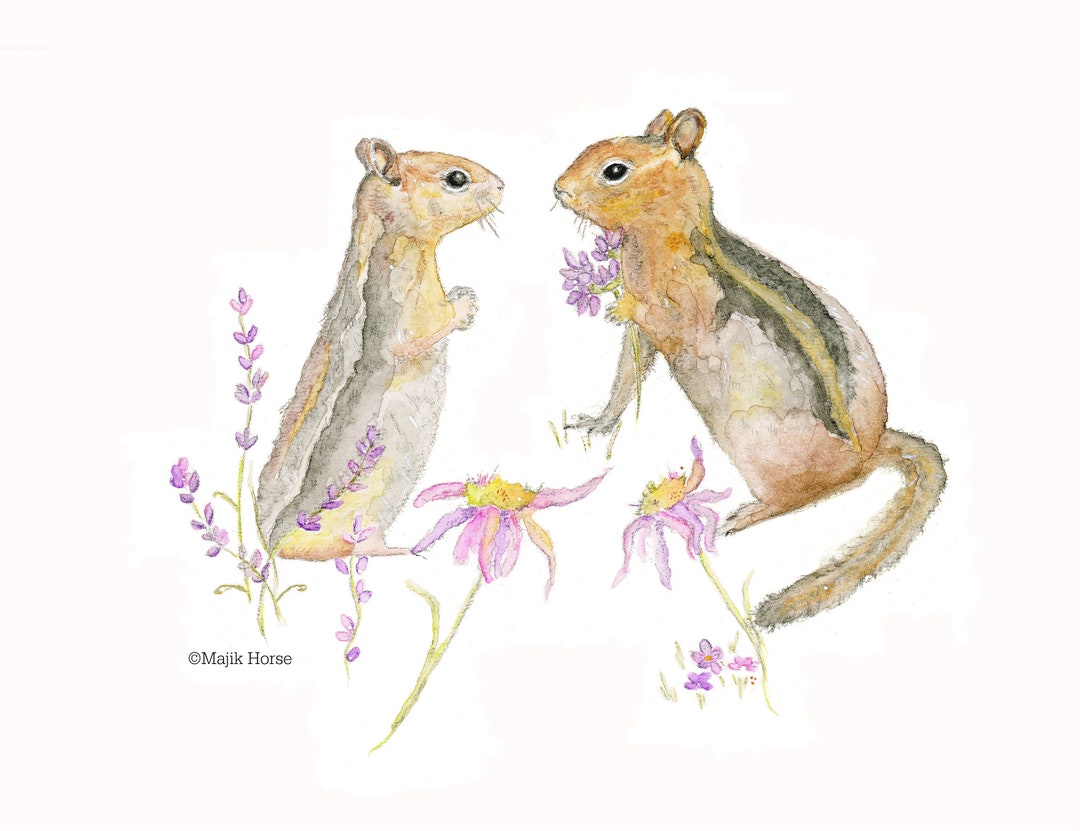 Cute Chipmunks Art Print, Woodland Animals Painting, Watercolor ...
