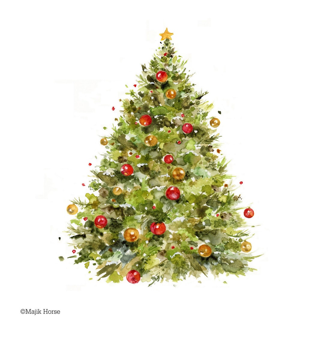 Old Fashioned Christmas, Tree Art Print, Watercolor, Holiday Art, Pine ...