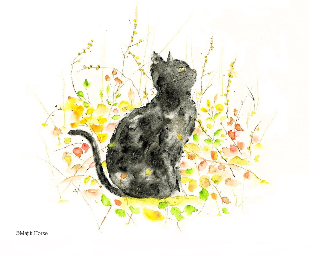 Black Cat Art Print Autumn Leaves Watercolor Painting Art by Lady Majik ...