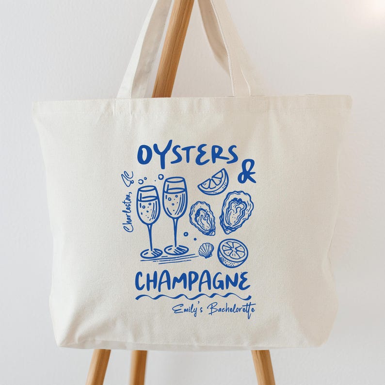Oysters & Champagne Bachelorette Tote Bag: Custom Coastal Party Favor ...