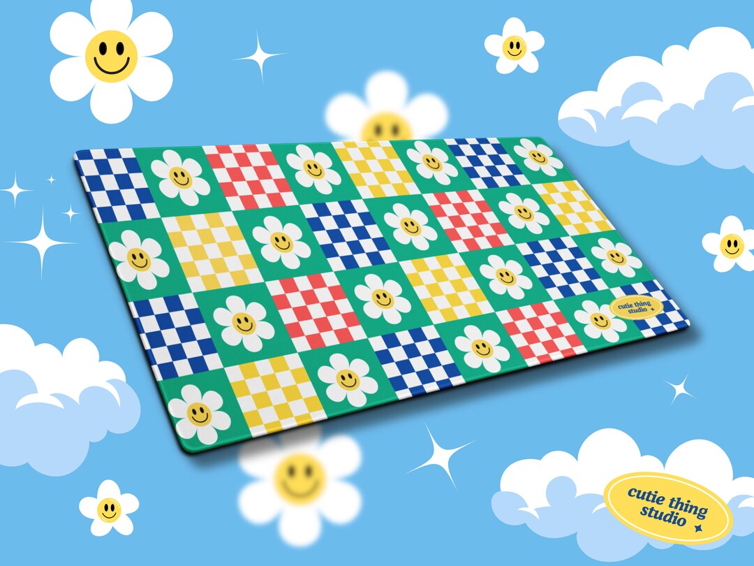 Y2K Retro Flower Gaming Desk Mat Smiley Face Dopamine Deskmat ...
