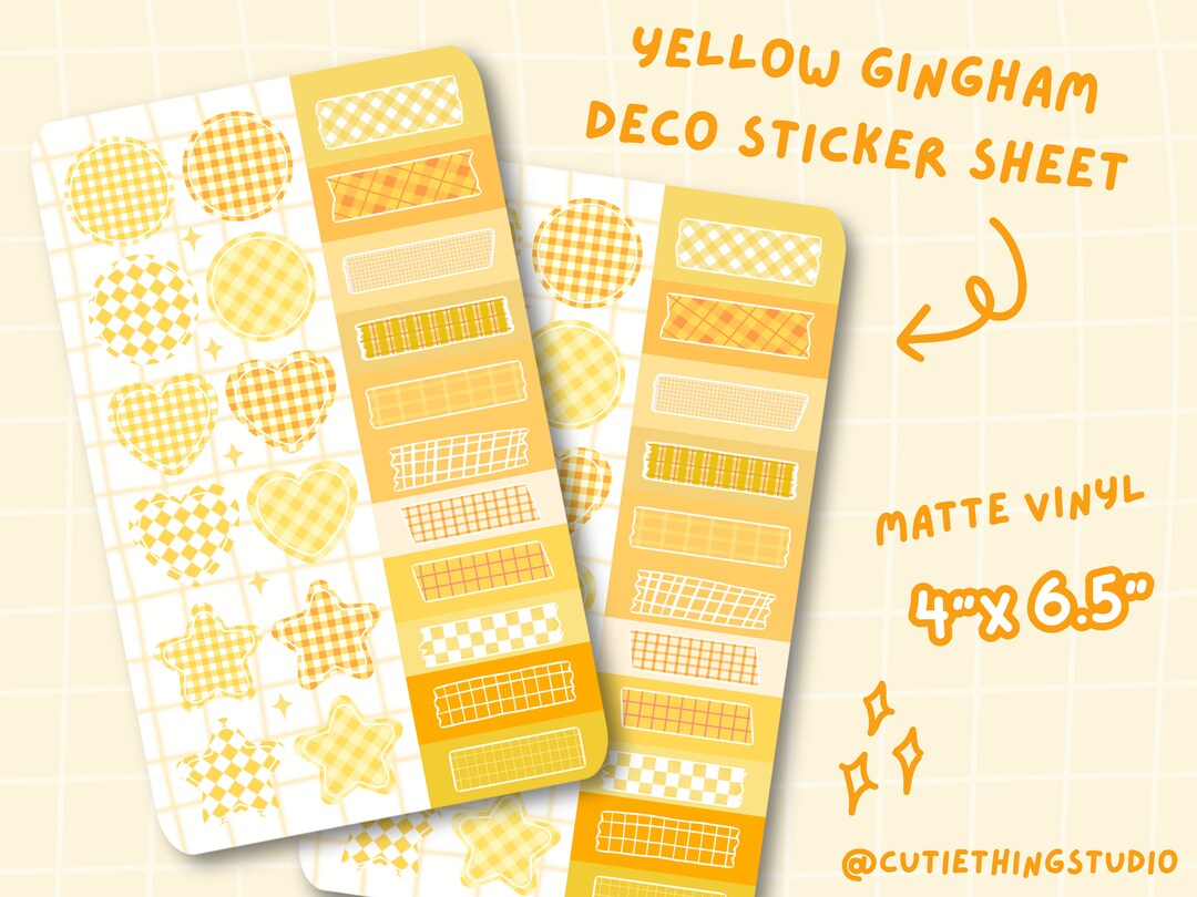 Yellow Gingham Deco Sticker Sheet | Yellow Stickers, Cute Sticker Sheet ...