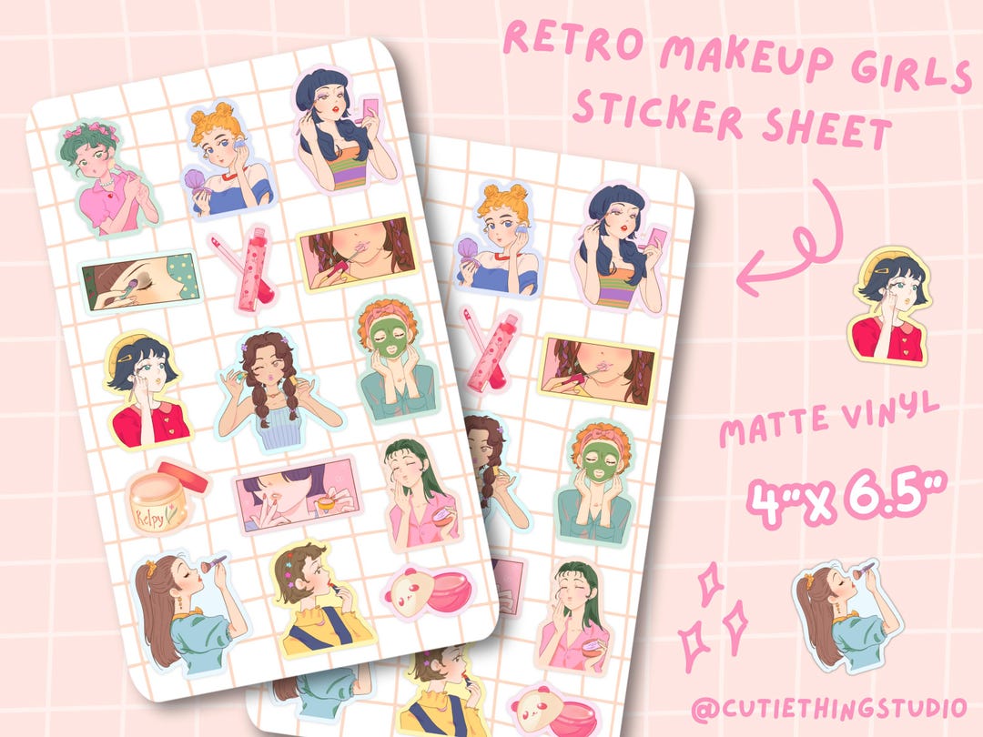 Retro Makeup Girls Sticker Sheet | Skincare Routine Stickers, Beauty ...