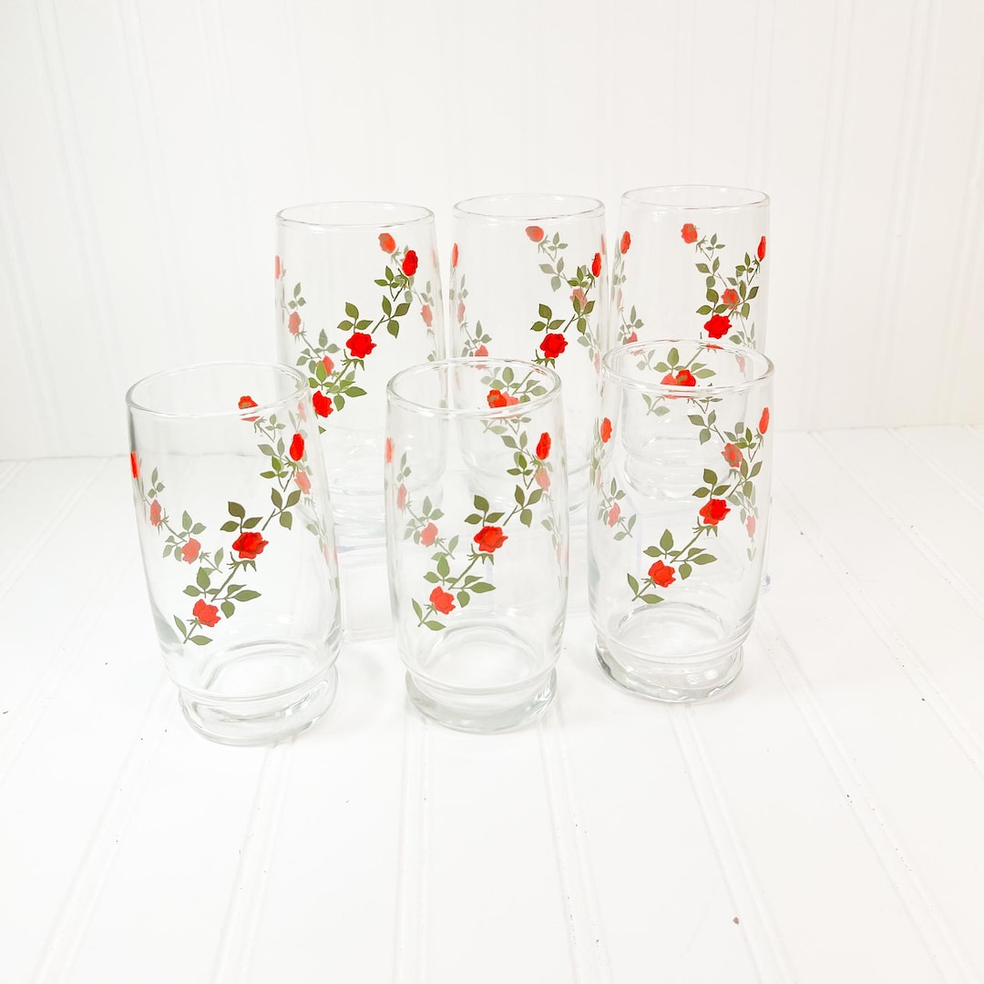 Vintage Red Rose Drinking Glasses - Anchor Hocking Climbing Rose ...