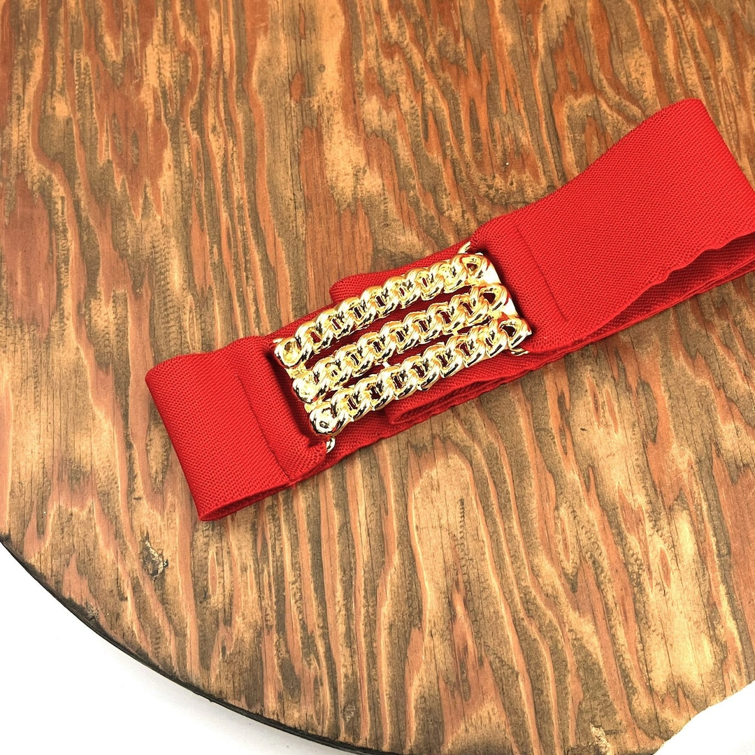 1980s Red Chain Belt - Wide Stretchy Belt - Bold Red Statement Belt ...
