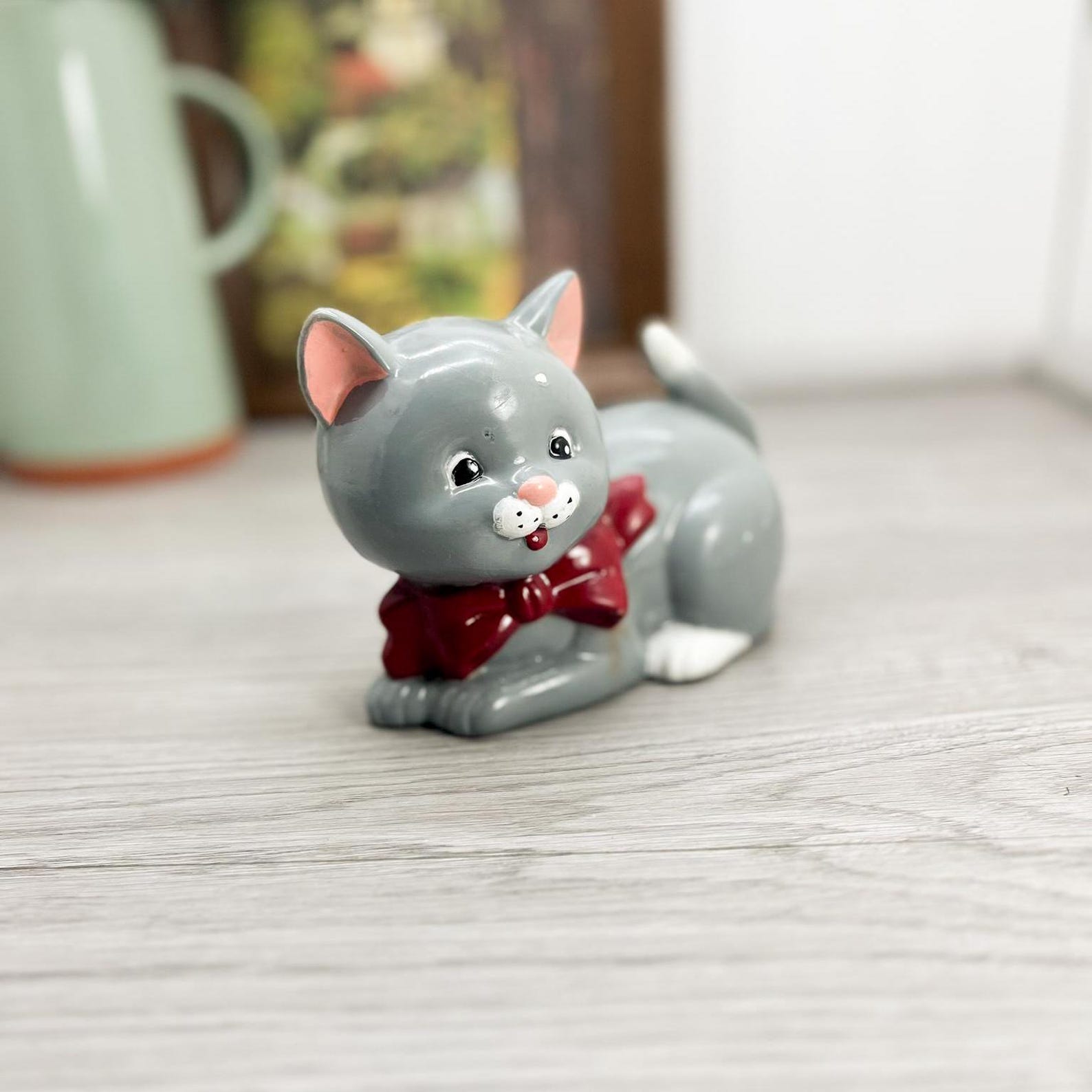 Vintage Porcelain Cat Figurine Gray Cat Figurine Vintage Anamorphic Cat ...