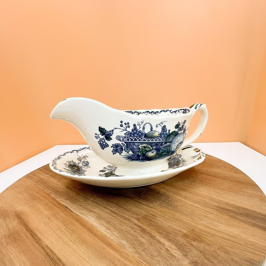 Mason's Ironstone Fruit Basket Blue and White Gravy Boar and Saucer ...