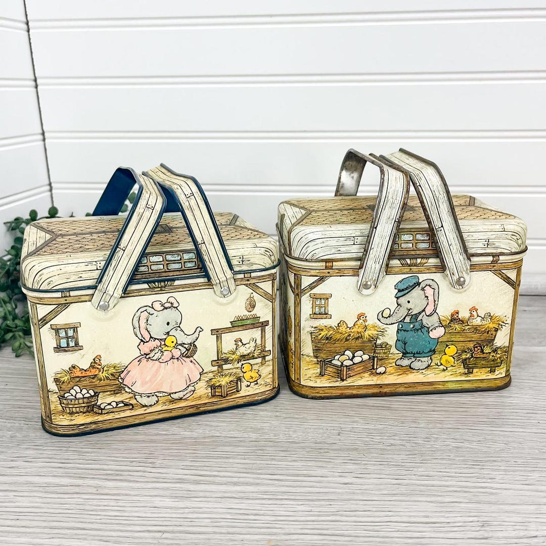 Vintage Metal Elephant Lunch Pails Set of 2, Retro Bunny Metal Tins ...