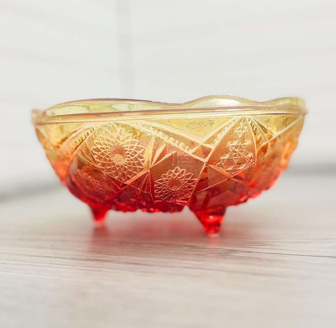 Red Indiana Glass Bowl Small Red & Yellow Ombre Footed Bowl Amberina ...