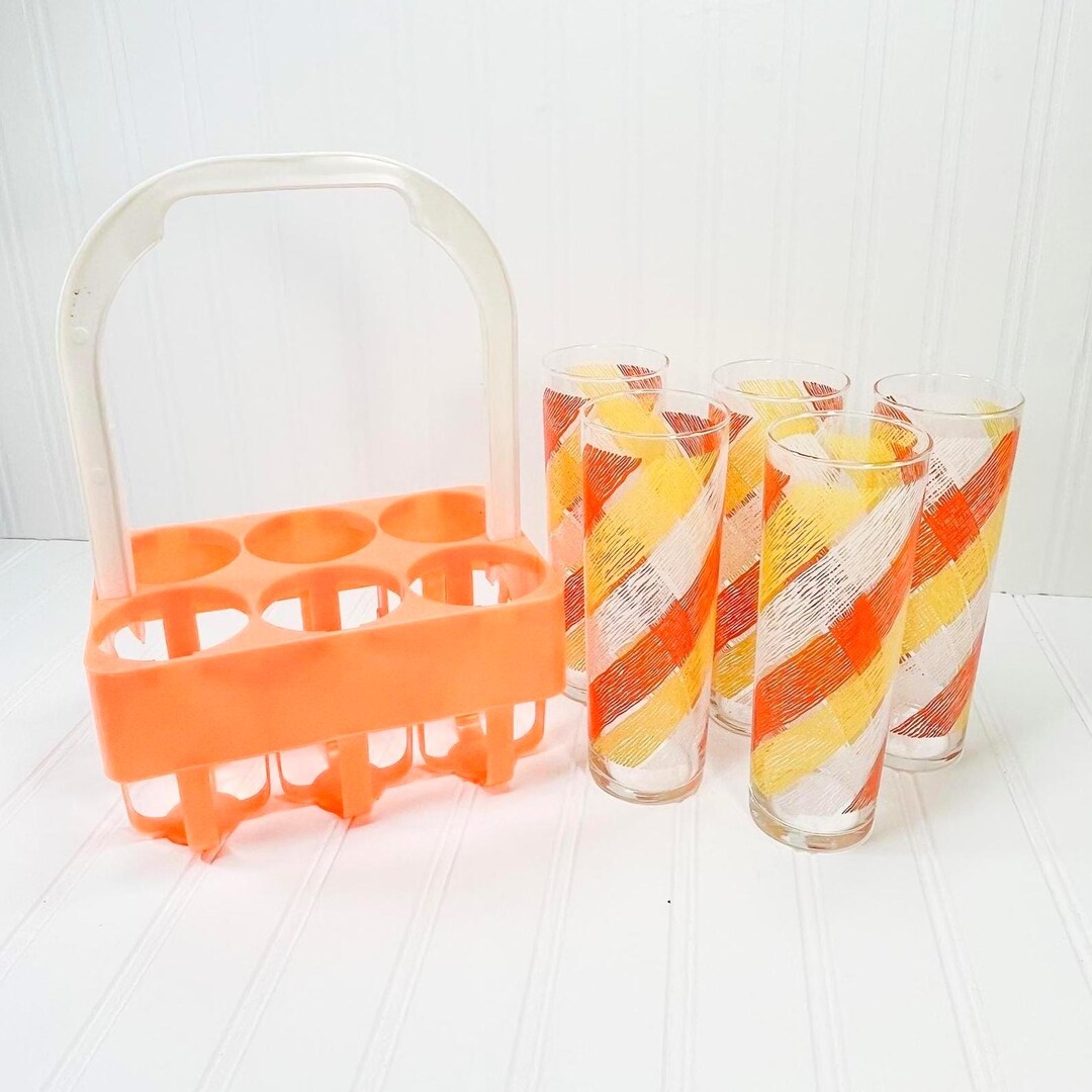 Vintage Libbey Swirl-weave Glassware Set With Orange Caddy - Etsy