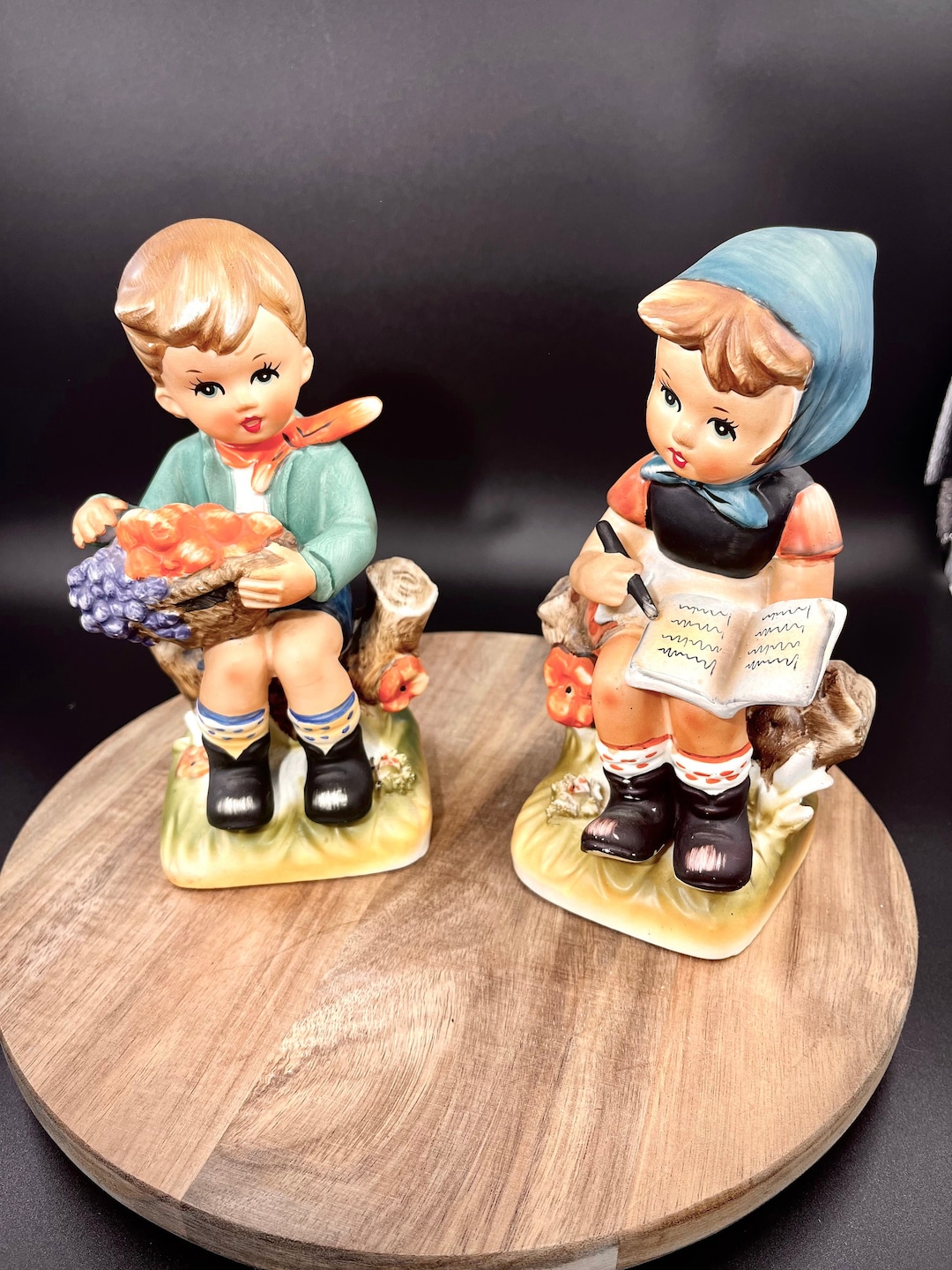 Vintage Enesco Figurines: Porcelain Girl With Book & Boy With Fruit - Etsy