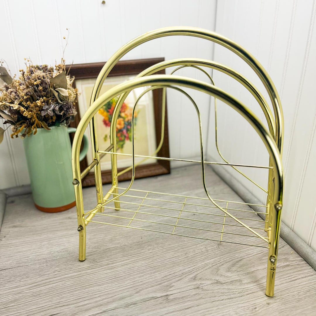 Midcentury Brass Magazine Rack - Brass Arches Shelf or Vinyl Record ...