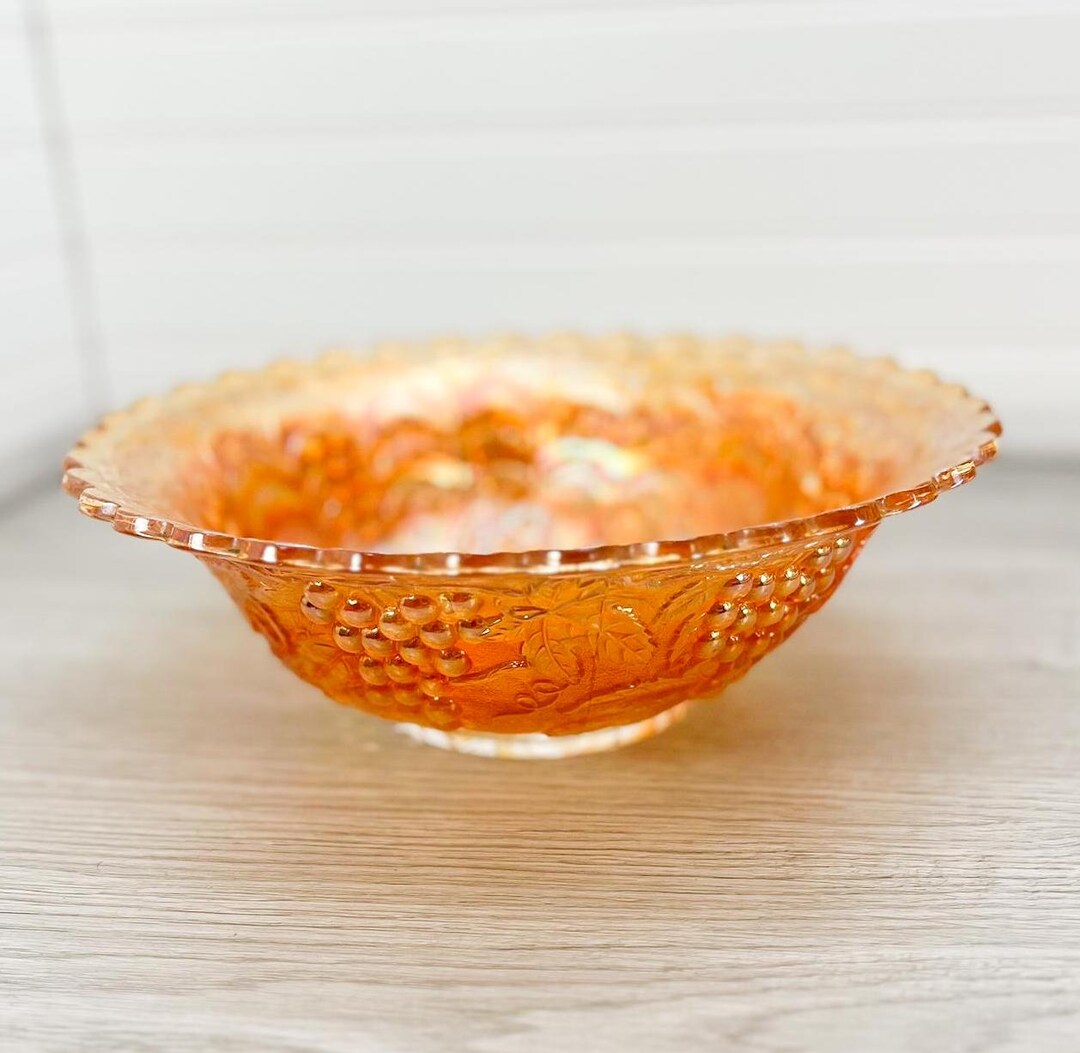 Large Vintage Marigold Orange Depression Glass Bowl - Ornate Iridescent ...