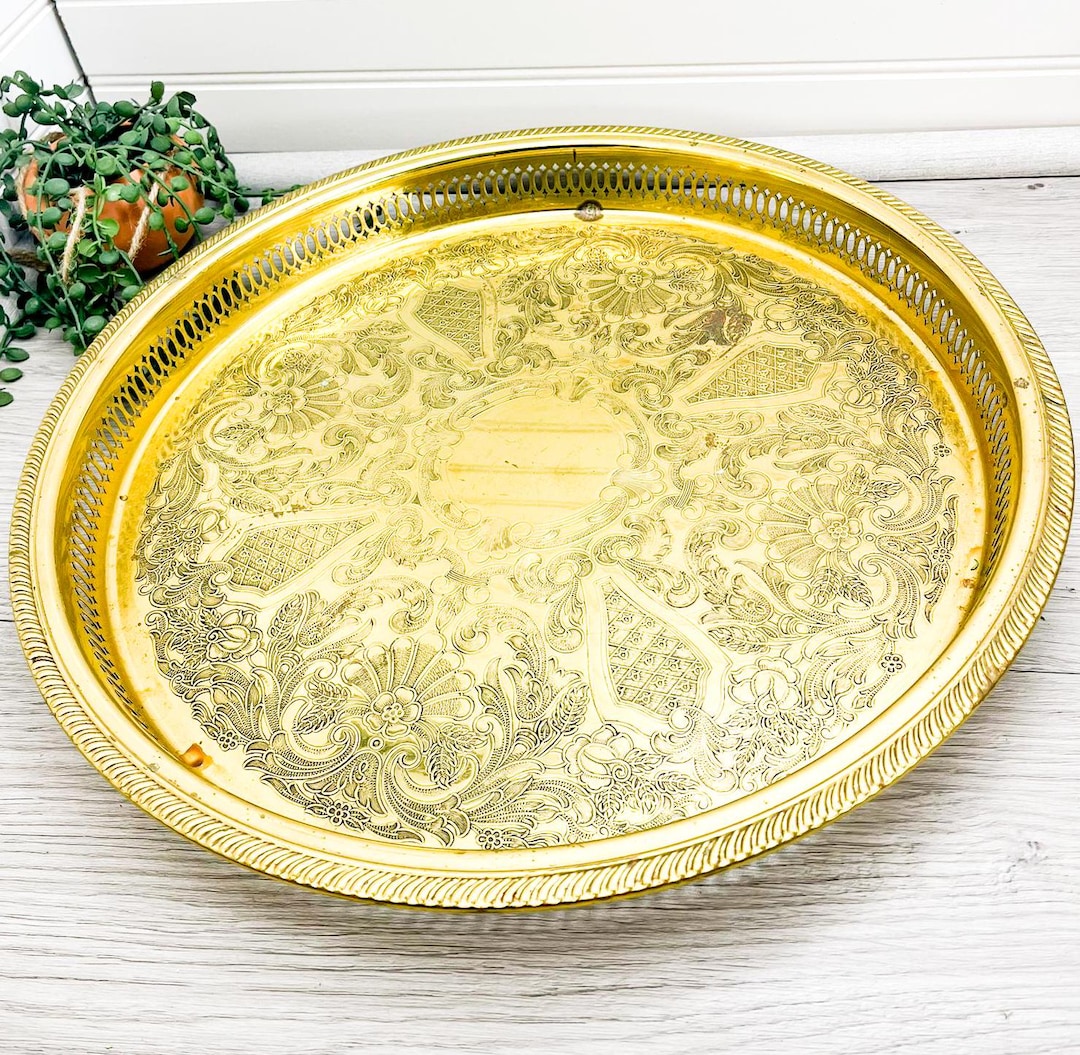Vintage Round Brass Tray, Large Serving Tray, Gold Coffee Table Tray 15 ...