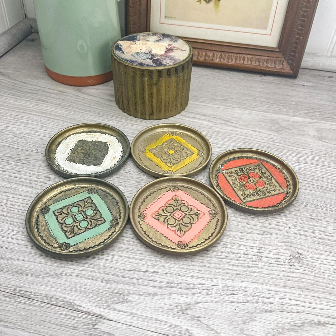 Vintage Gold Floral Coasters Set of 5 Plastic Coasters Vintage Coasters ...