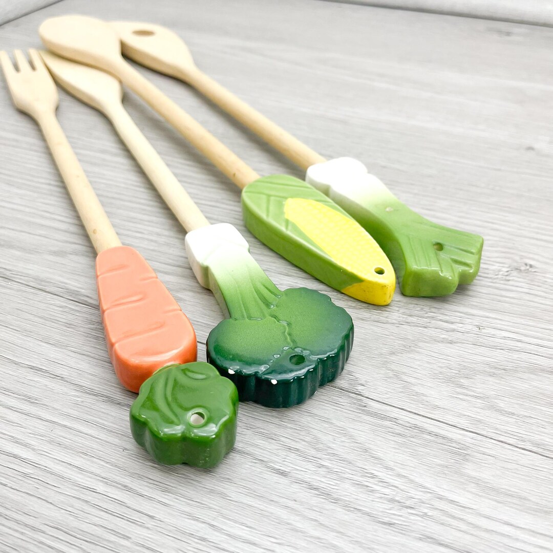 Ceramic Vegetable Wooden Utensils Set of 4 - Vegetable Shaped Kitchen ...