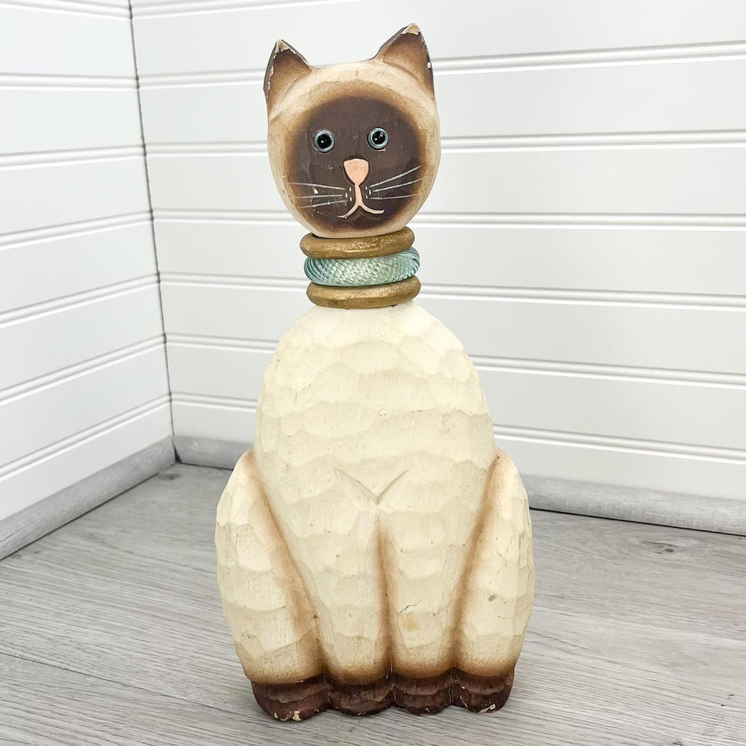 Vintage Wooden Folk Art Cat Sculpture - Handmade Folk Art Cat Decor ...