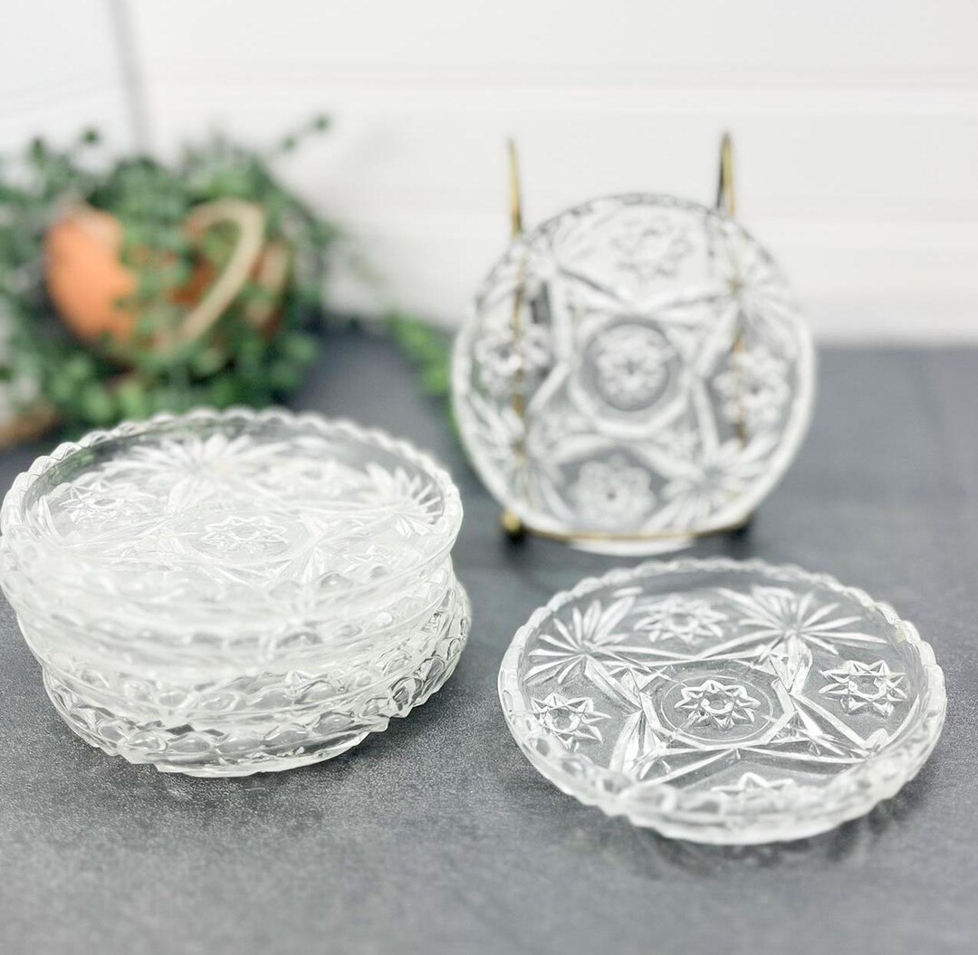 Mid Century Glass Coaster Set of 6 - Crystal Glass Coasters - Vintage ...