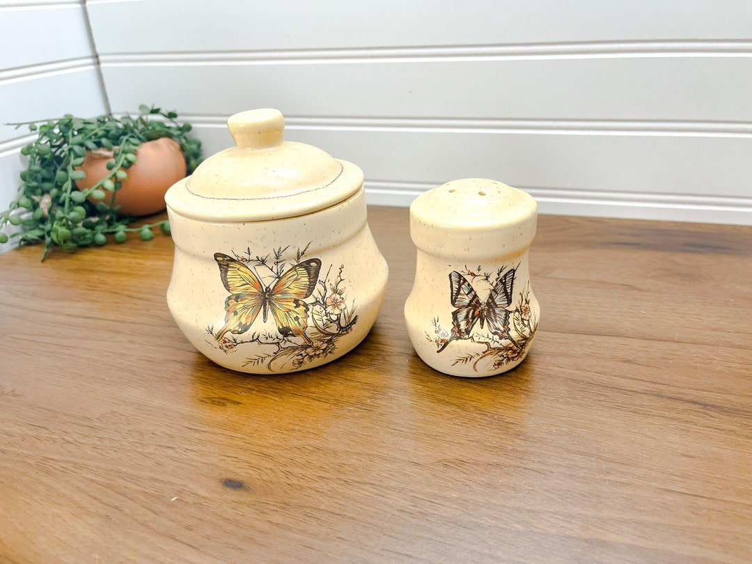 Vintage Butterfly Stoneware Canister & Shaker- Vintage Insect Stoneware ...