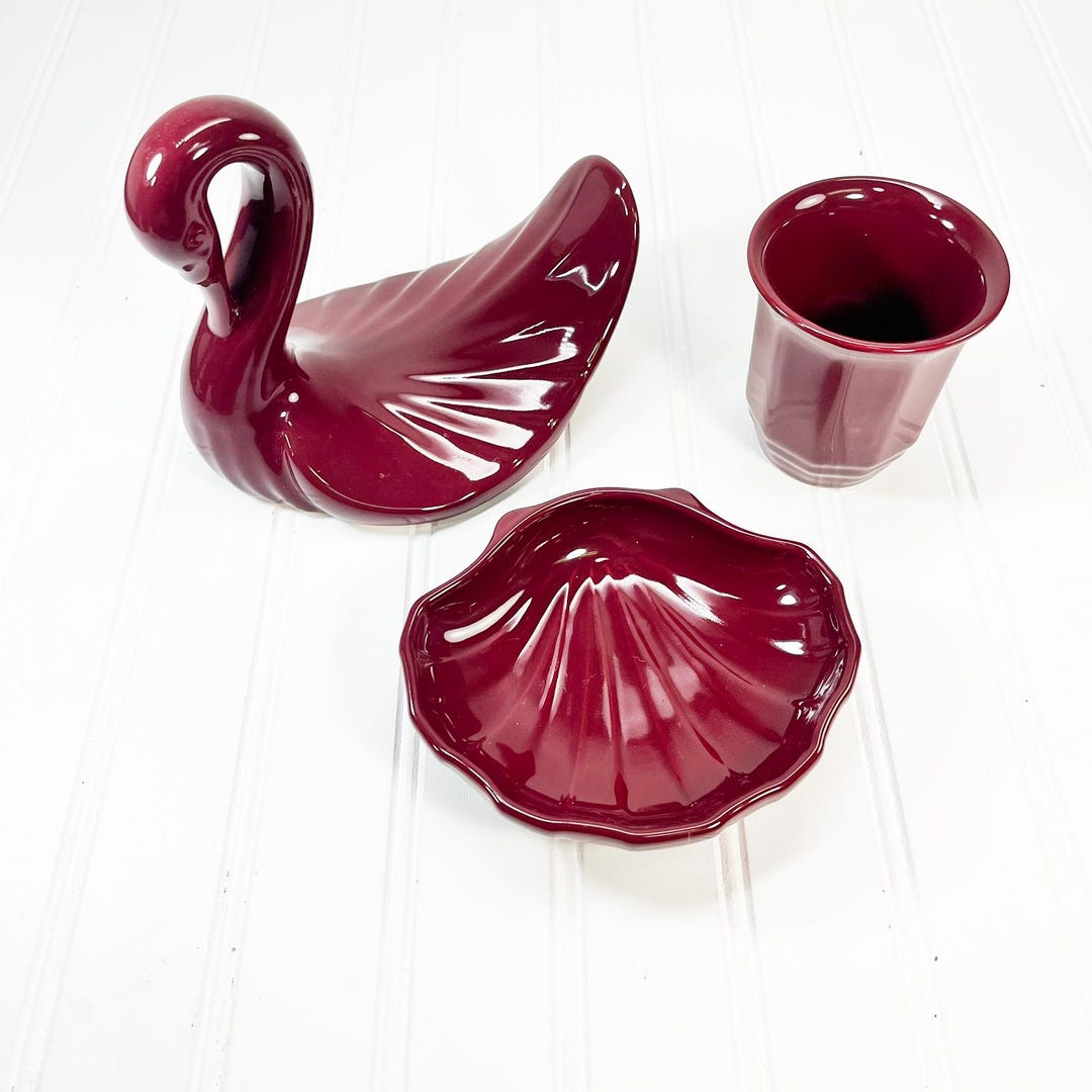 Vintage Pfaltzgraff Maroon Ceramic Bathroom Set: Swan Towel Holder ...