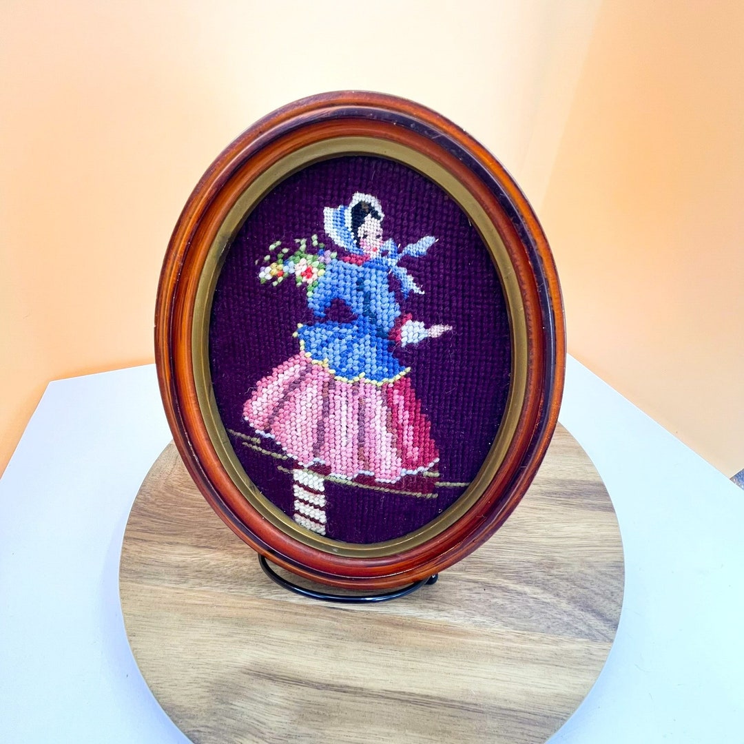 Vintage Framed Needlepoint Wall Hanging - Oval Wall Frame - Country ...