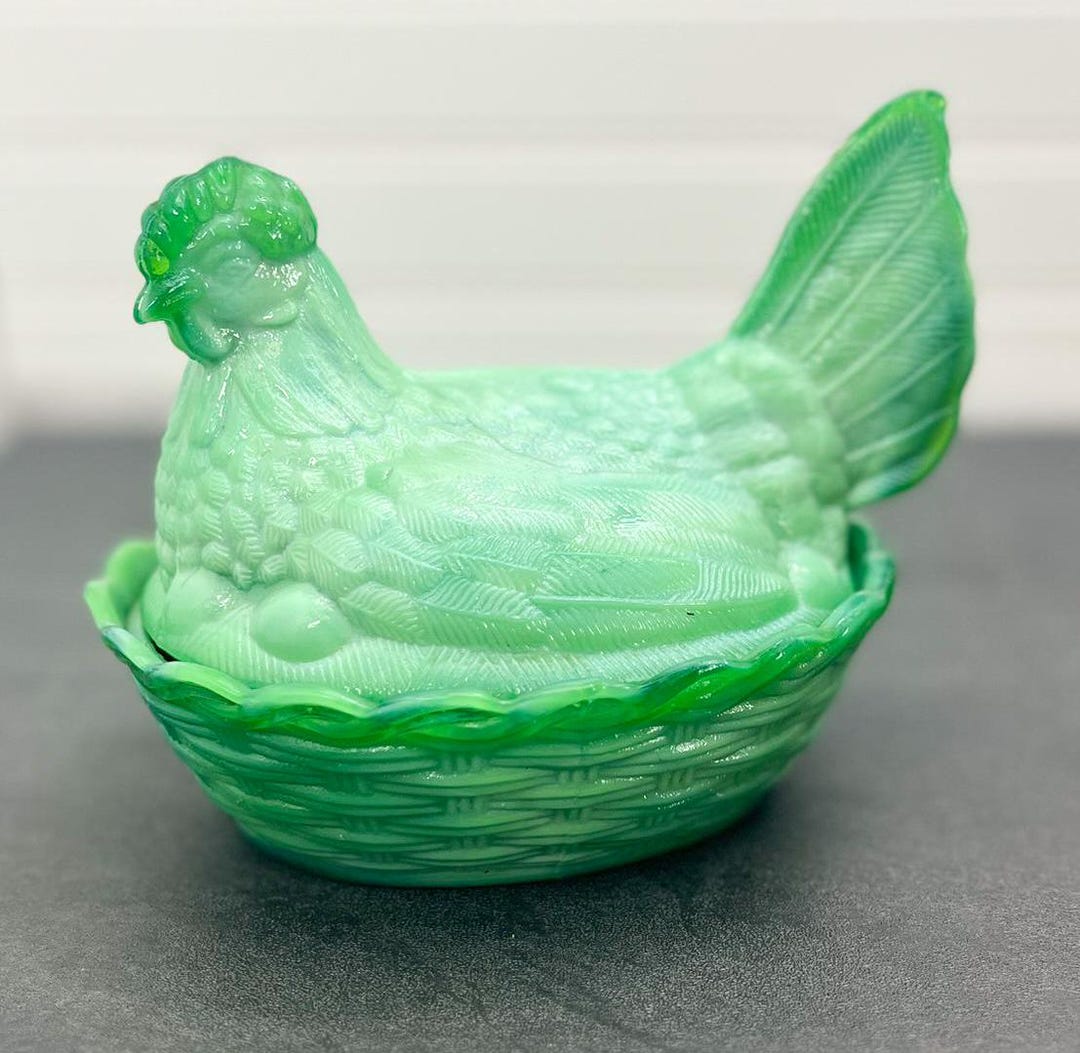 Vintage Green Slag Glass Hen on Nest Green Glass Chicken Covered Dish ...