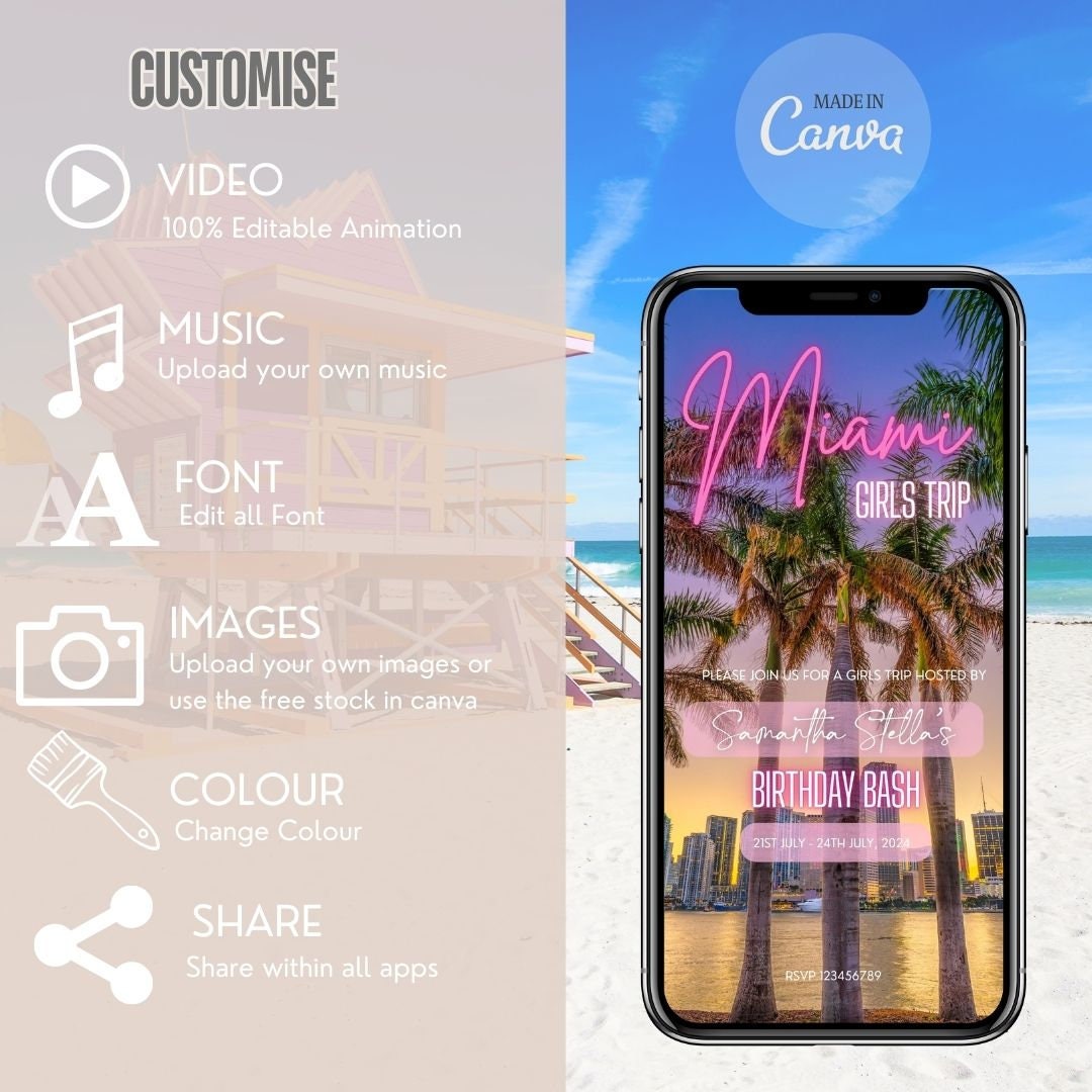 Miami Birthday Weekend Trip Invitation & Itinerary | Animated Digital ...
