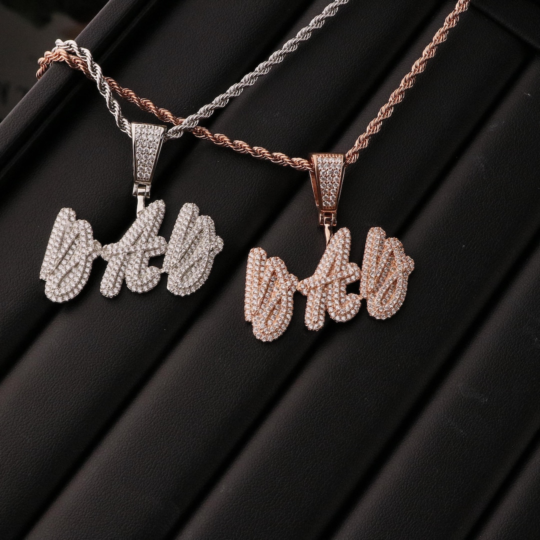 Ice Crystal Custom Large Cursive Letter Pendant With Rope Chain, Custom ...