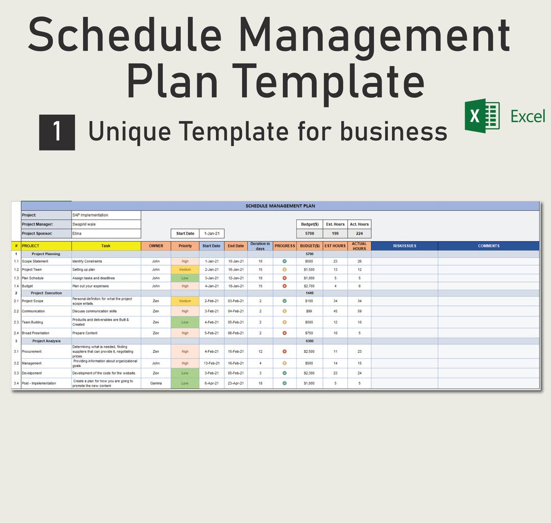 Schedule Management Plan Template, Fully Editable MS Excel, PMP ...