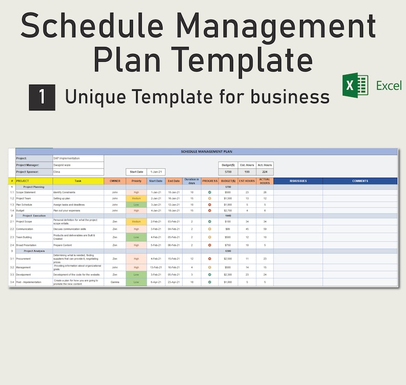 Schedule Management Plan Template, Fully Editable MS Excel, PMP ...