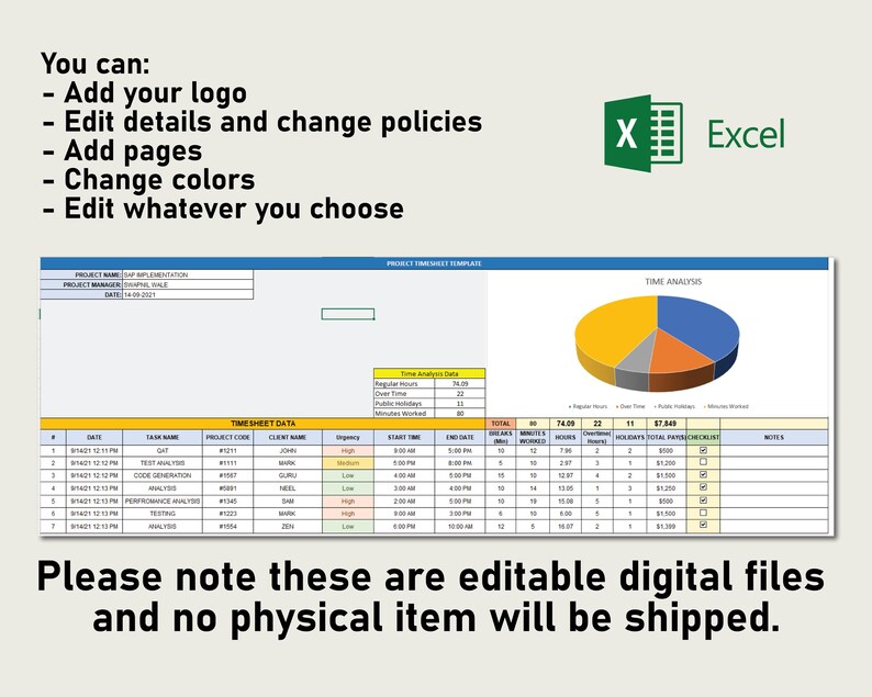 Timesheet Tracking Excel Template, Excel Payroll Timesheet, Employee ...