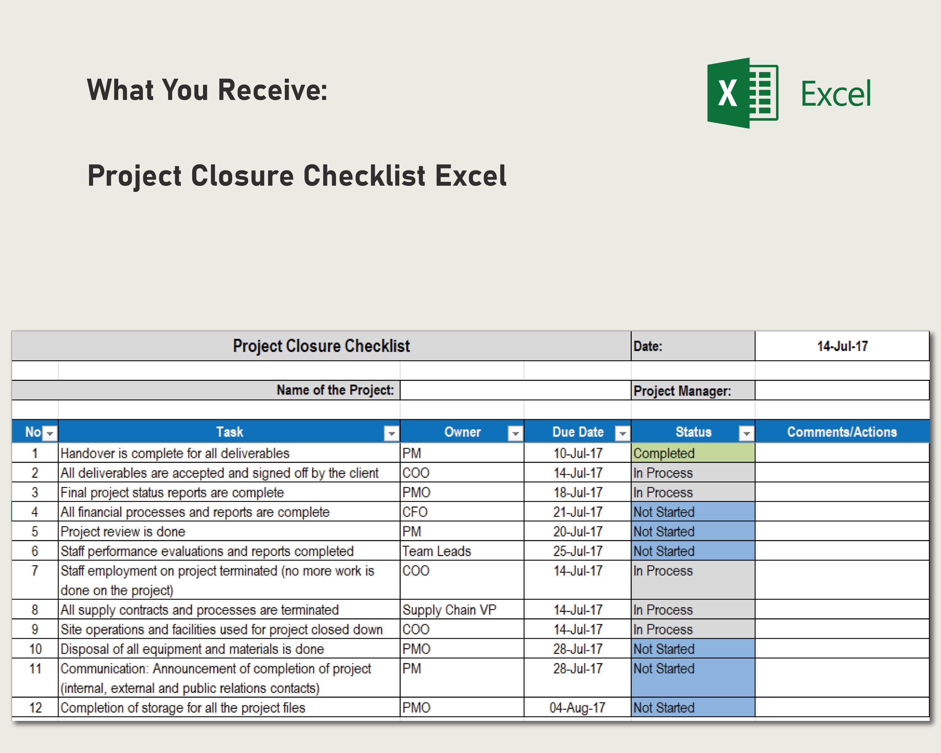 Project Closure Checklist, Project Closure Report Template, Excel, Task ...