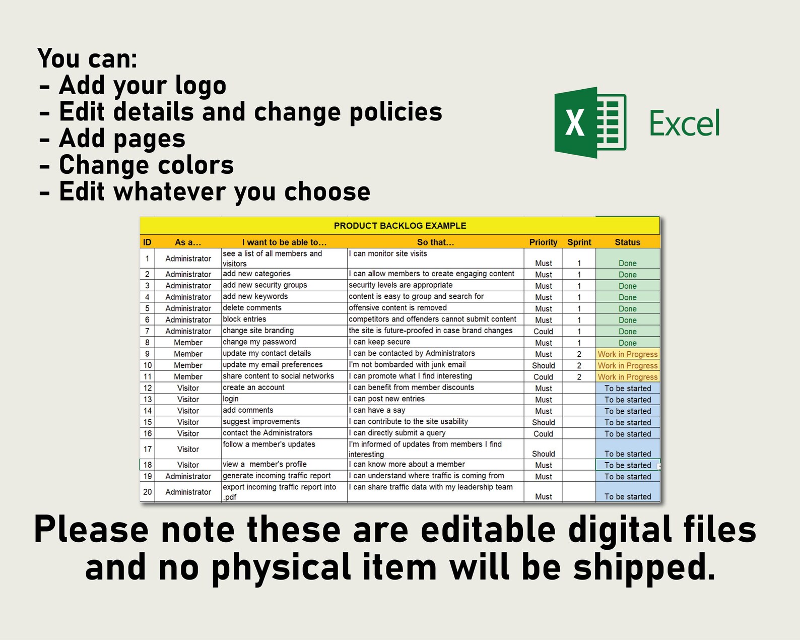 Product Backlog Example With User Storiess Project Management Agile Project Agile Backlog