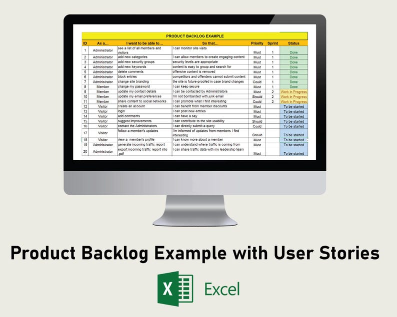 Product Backlog Example With User Storiess, Project Management, Agile Project, Agile Backlog ...