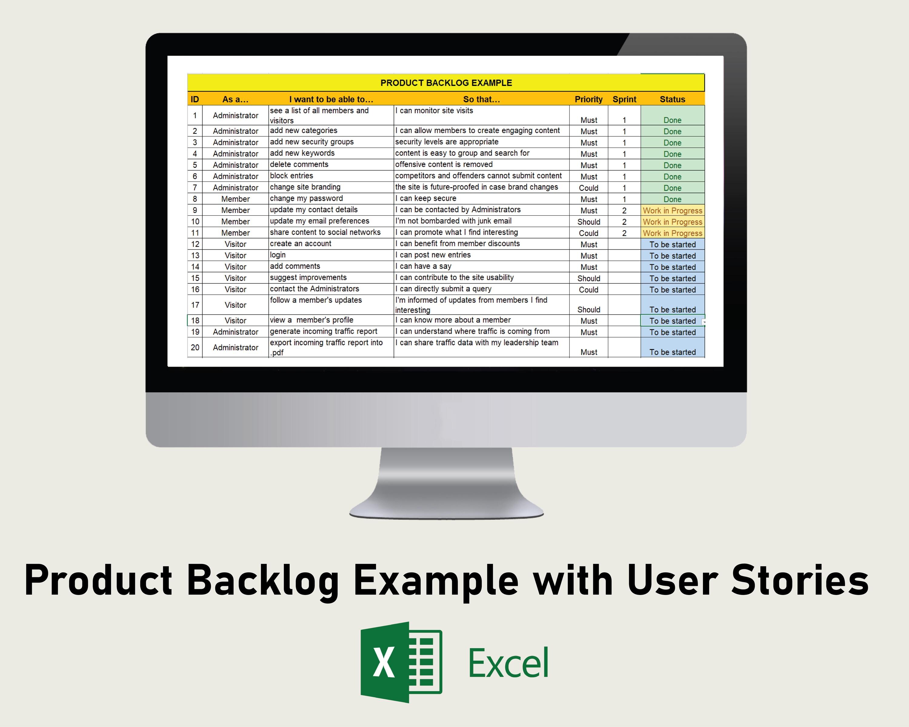 Product Backlog Example With User Storiess Project Management Agile Project Agile Backlog