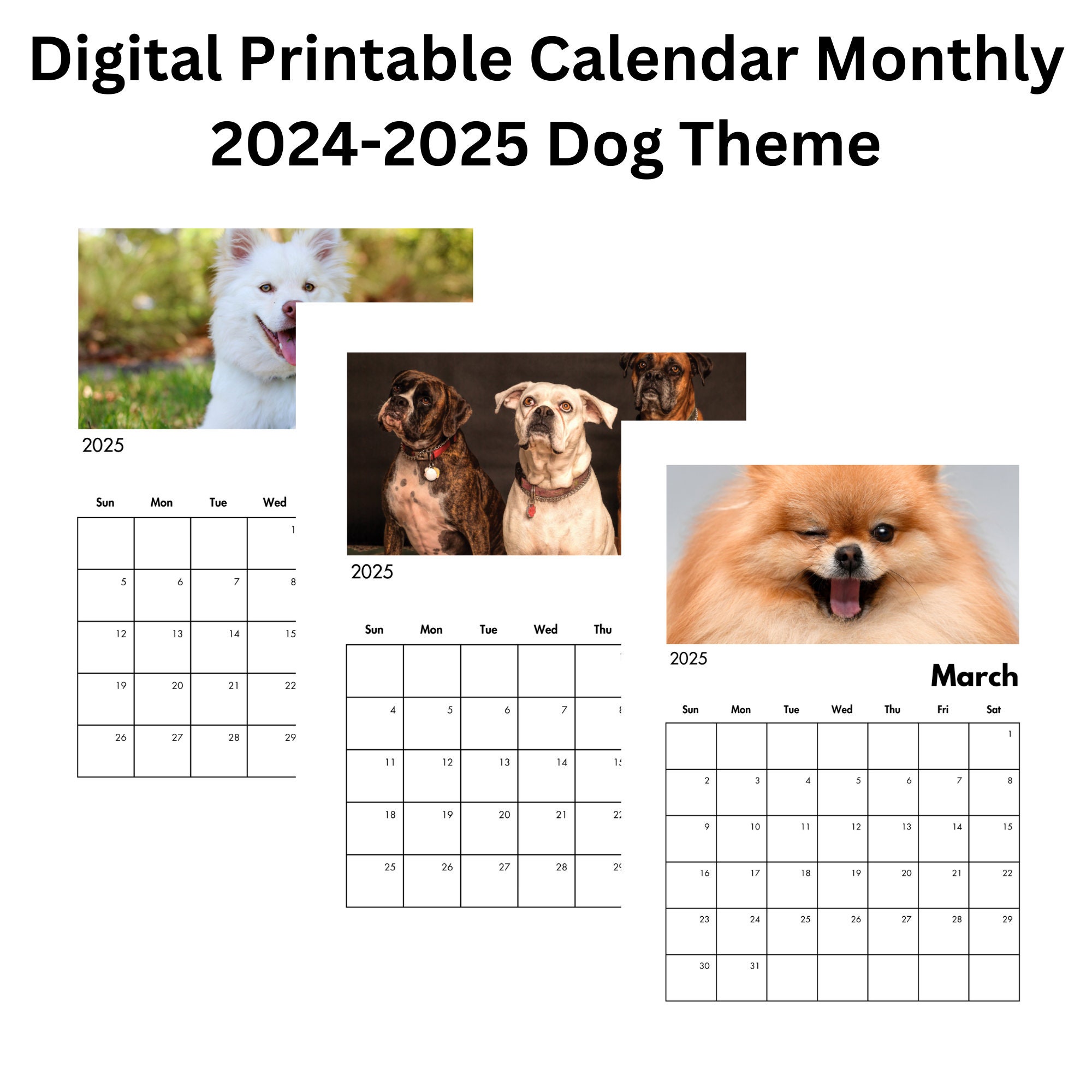 Digital Printable Calendar Monthly 2024-2025 Dog Theme Digital Download ...