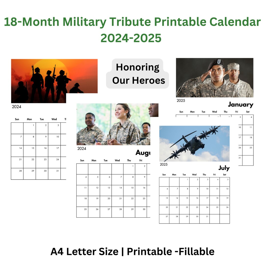 18-month Military Tribute Printable Calendar 2024-2025 | Patriotic ...