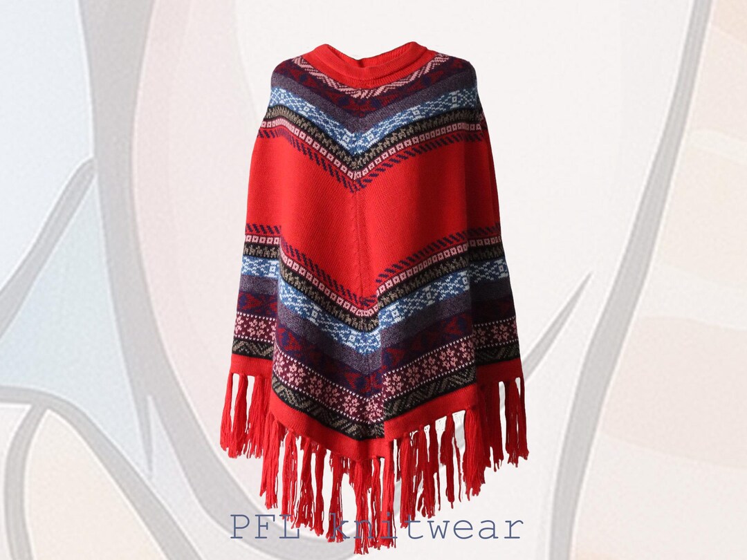 Alpaca Poncho Handcrafted | Women's Red Multicolor Poncho With Fringes ...