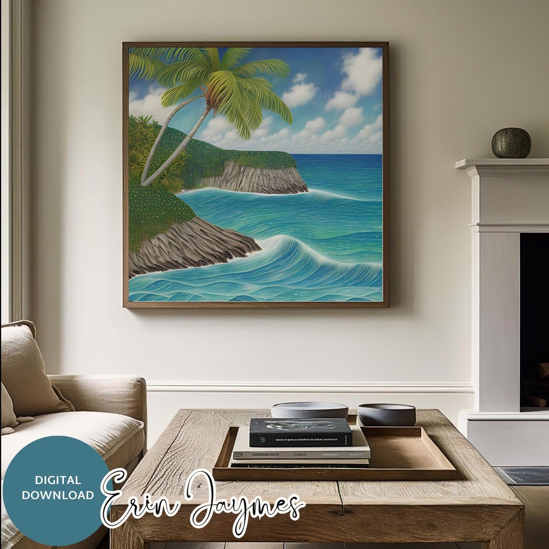 Caribbean Art Print, Cliffs Overlooking the Ocean, Coastal Art Nouveau ...