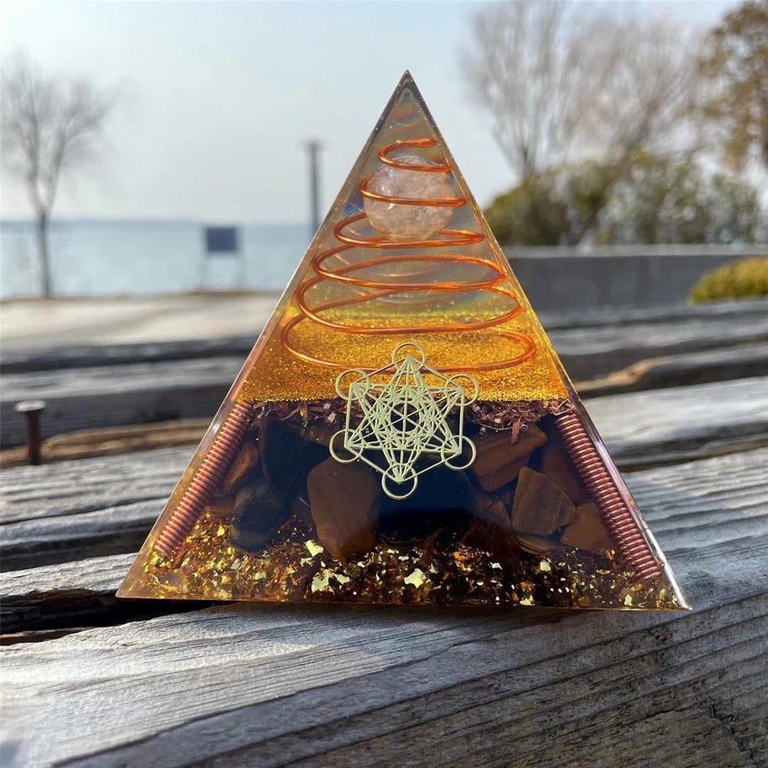 Large Orgonite Pyramid With Copper-wrapped Crystal Ball, Tiger's Eye ...