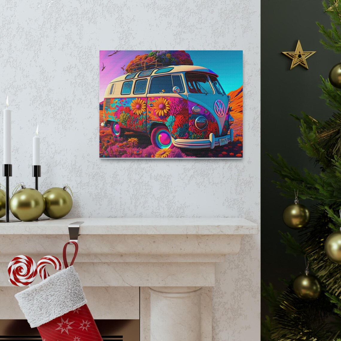 Retro VW Bus Canvas Art, Bright Multi-color Design With Sunflowers, Fun ...