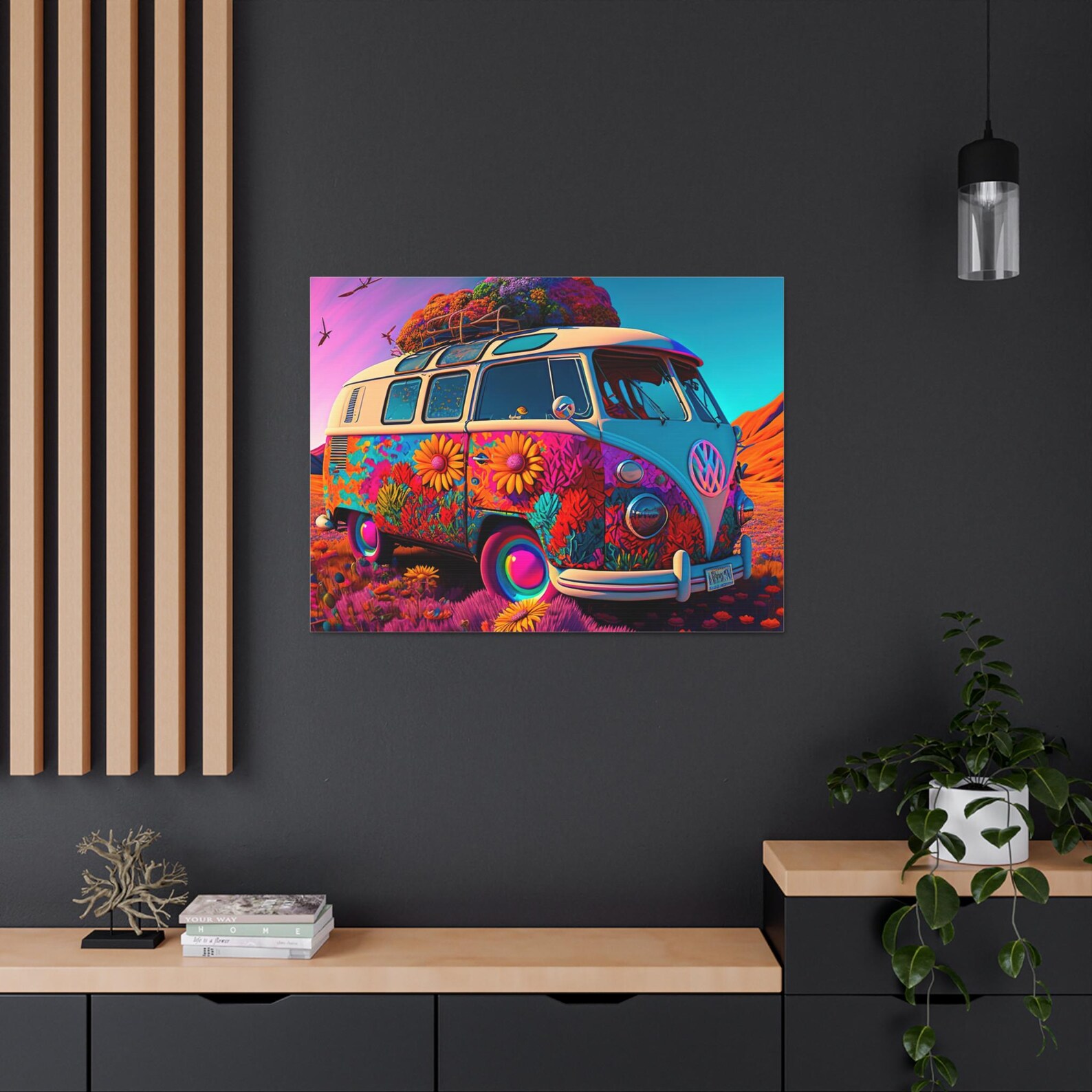 Retro VW Bus Canvas Art, Bright Multi-color Design With Sunflowers, Fun ...
