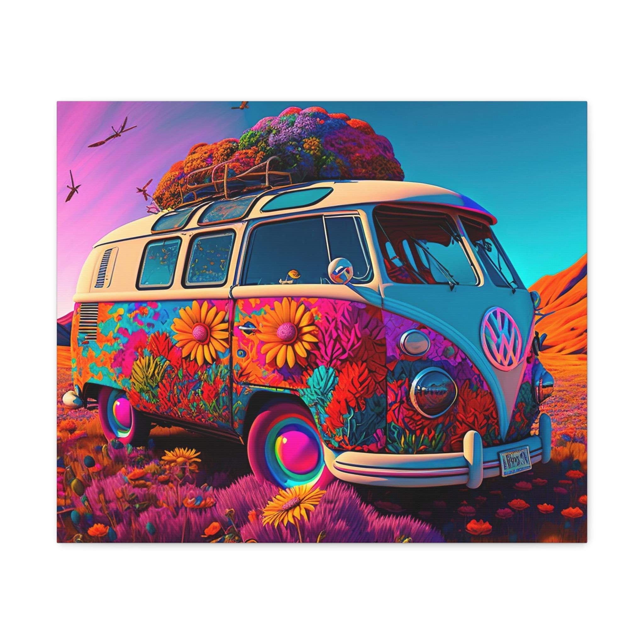 Retro VW Bus Canvas Art, Bright Multi-color Design With Sunflowers, Fun ...