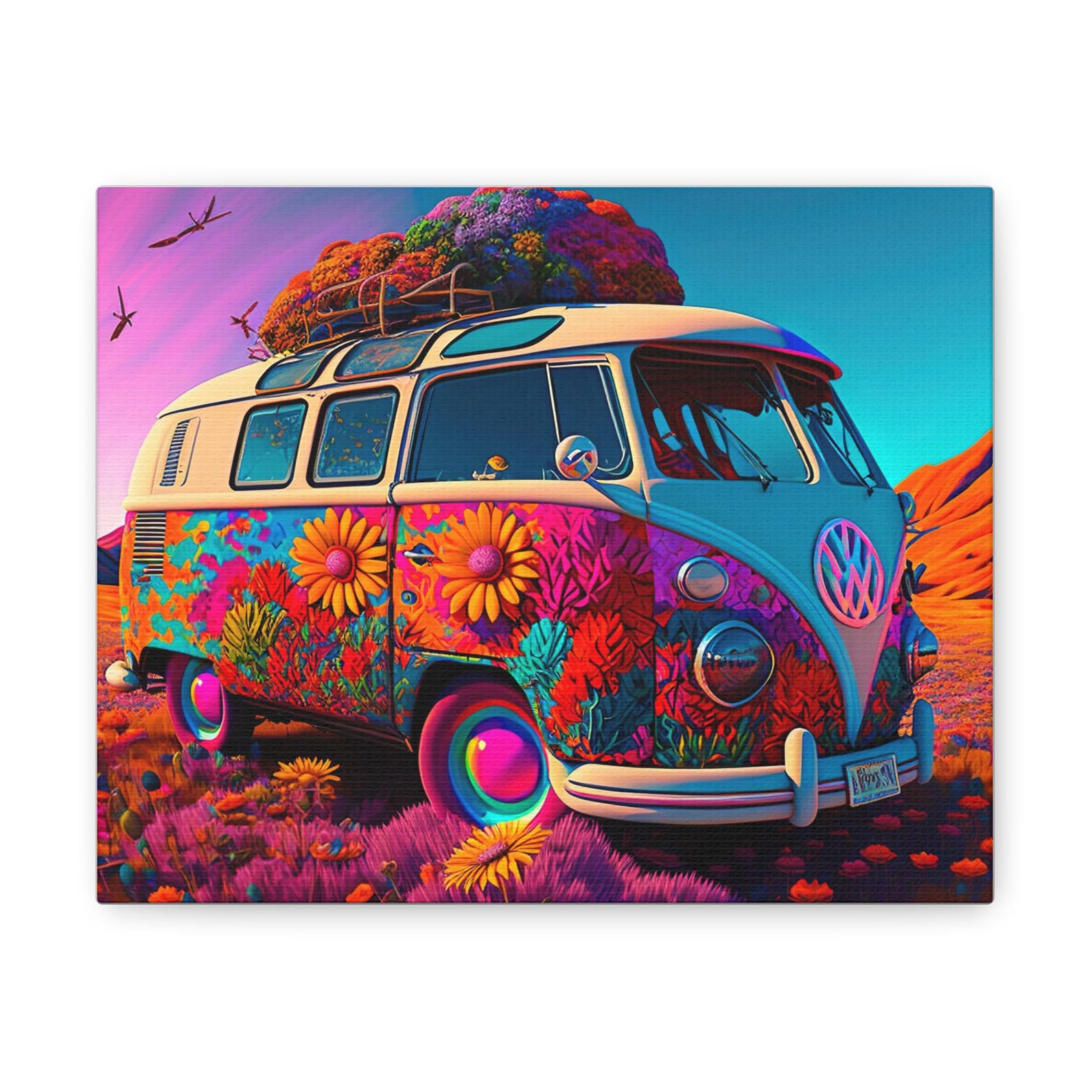 Retro VW Bus Canvas Art, Bright Multi-color Design With Sunflowers, Fun ...