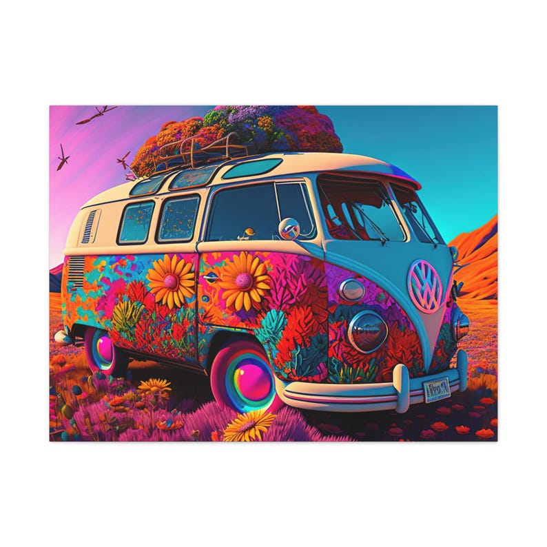 Retro VW Bus Canvas Art, Bright Multi-color Design With Sunflowers, Fun ...
