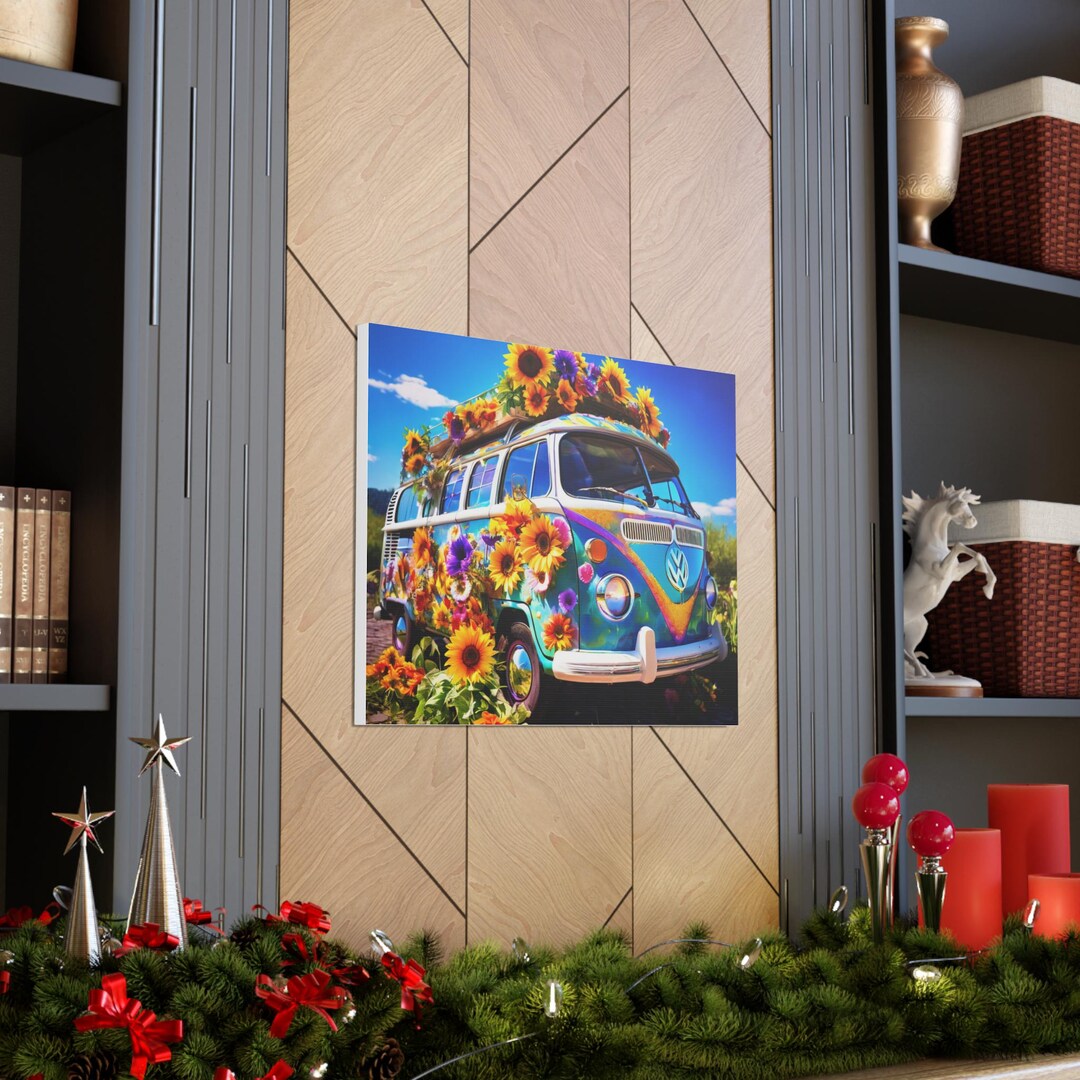 Vibrant VW Bus Canvas Print Multi-color & Sunflower Art, Boho Home ...
