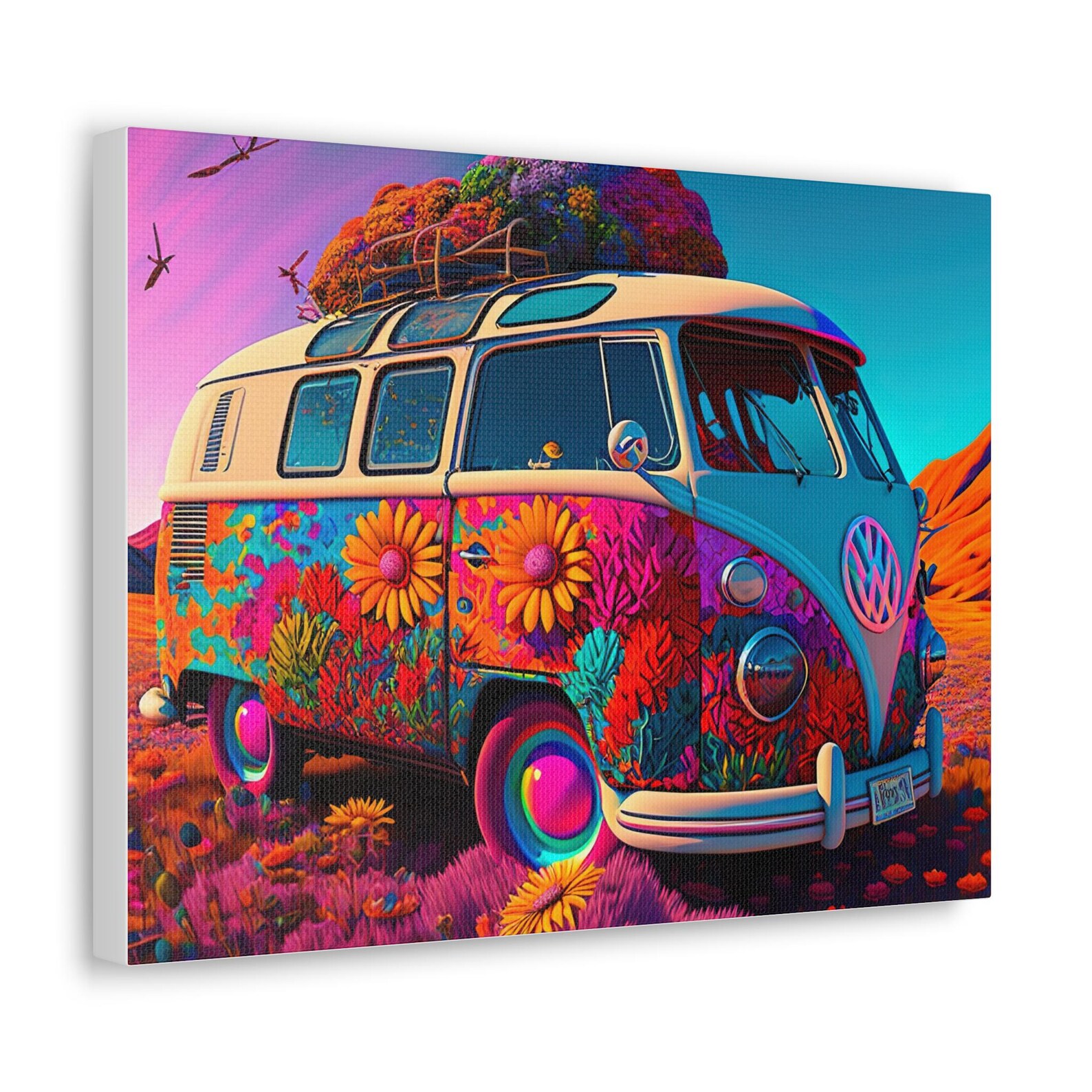 Retro VW Bus Canvas Art, Bright Multi-color Design With Sunflowers, Fun ...