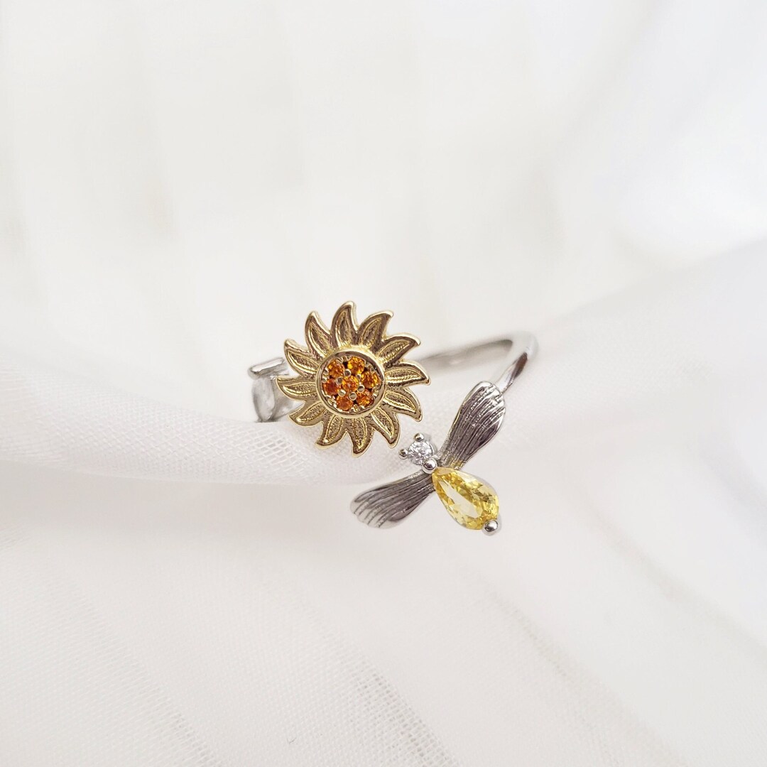 Sunflower Fidget Ring, Bee Spinning Silver Anxiety Spinner Flower Fun ...
