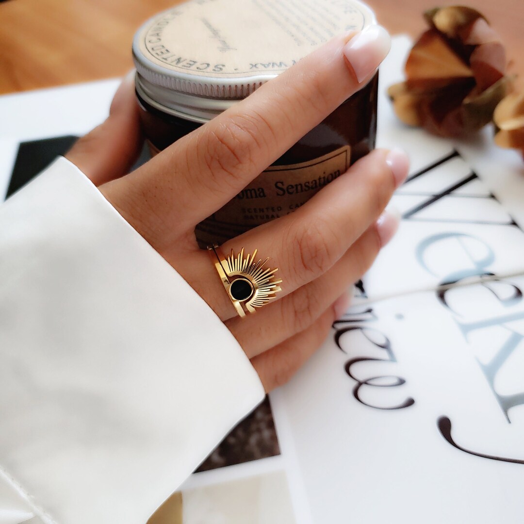 CELESTIAL GLEAM Stacking Ring Set, Sun Ring, WATERPROOF 18k Gold Chic ...
