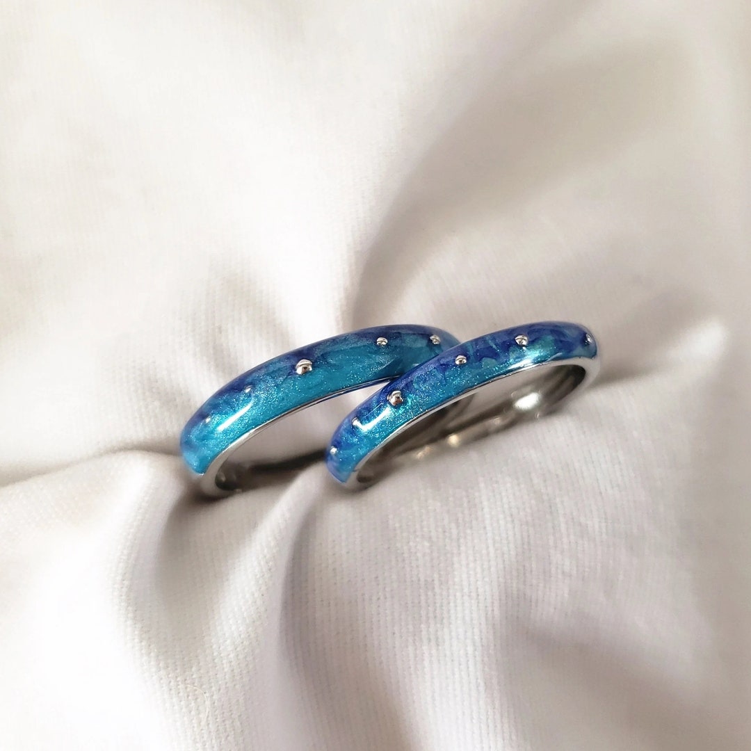 Hand Painted Starry Sky Ring, Vintage Matching Couple Rings, Blue ...